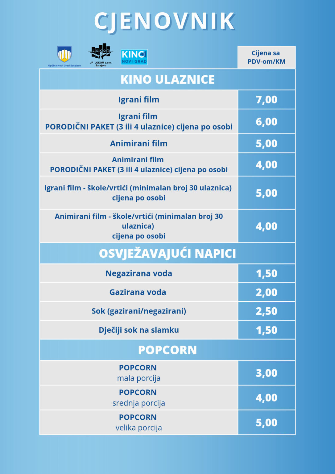 Novi cjenovnik Kina Novi Grad – Lokom d.o.o. Sarajevo